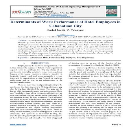 Determinants of Work Performance of Hotel Employees in Cabanatuan City ...
