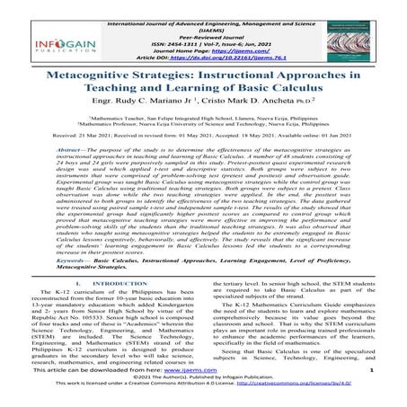 Metacognitive Strategies Instructional Approaches In Teaching And