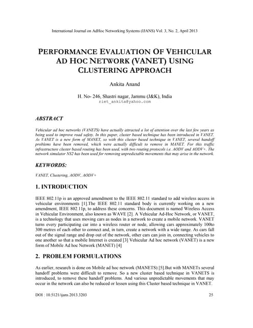 Performance Evaluation Of Vehicular Ad Hoc Network Vanet Using