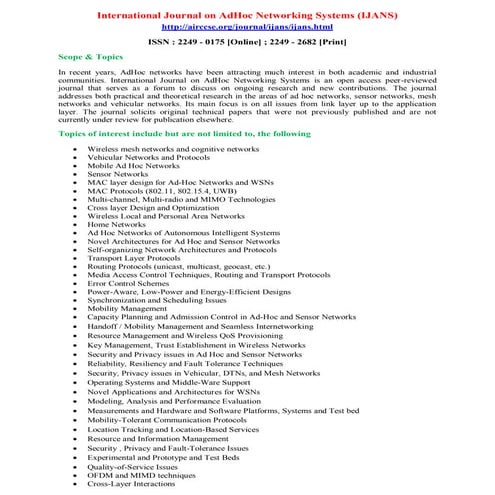 International Journal on AdHoc Networking Systems (IJANS) | PDF | Computer Networking | Computing