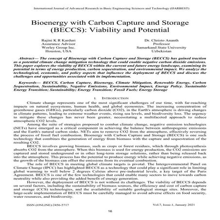 Bioenergy with Carbon Capture and Storage (BECCS): Viability and ...