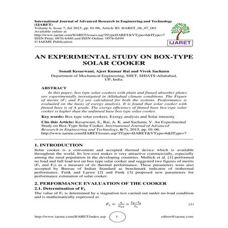 AN EXPERIMENTAL STUDY ON BOX-TYPE SOLAR COOKER | PDF