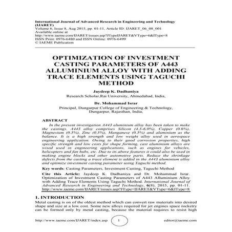 OPTIMIZATION OF INVESTMENT CASTING PARAMETERS OF A443 ALLUMINIUM ALLOY WITH ADDING TRACE ...