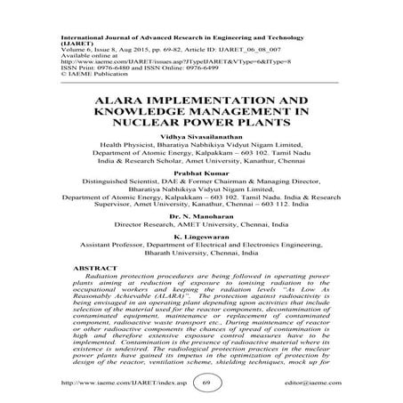 ALARA IMPLEMENTATION AND KNOWLEDGE MANAGEMENT IN NUCLEAR POWER PLANTS | PDF