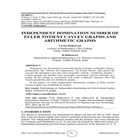 INDEPENDENT DOMINATION NUMBER OF EULER TOTIENT CAYLEY GRAPHS AND ARITHMETIC GRAPHS | PDF