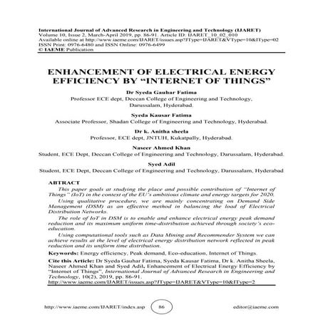 ENHANCEMENT OF ELECTRICAL ENERGY EFFICIENCY BY “INTERNET OF THINGS” | PDF