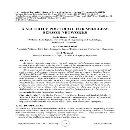 A SECURITY PROTOCOL FOR WIRELESS SENSOR NETWORKS | PDF
