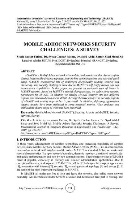 Mobile Adhoc Networks Security Challenges A Survey Pdf
