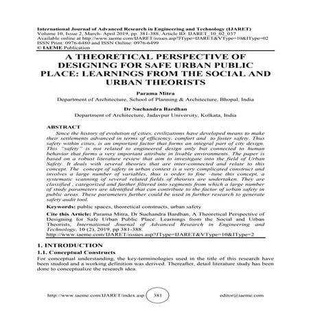A Theoretical Perspective Of Designing For Safe Urban Public Place Learnings From The Social