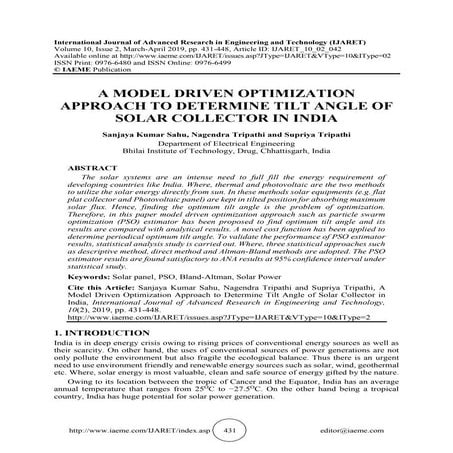 A MODEL DRIVEN OPTIMIZATION APPROACH TO DETERMINE TILT ANGLE OF SOLAR COLLECTOR IN INDIA | PDF