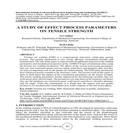 A STUDY OF EFFECT PROCESS PARAMETERS ON TENSILE STRENGTH | PDF | Chemistry | Science