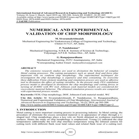 NUMERICAL AND EXPERIMENTAL VALIDATION OF CHIP MORPHOLOGY | PDF