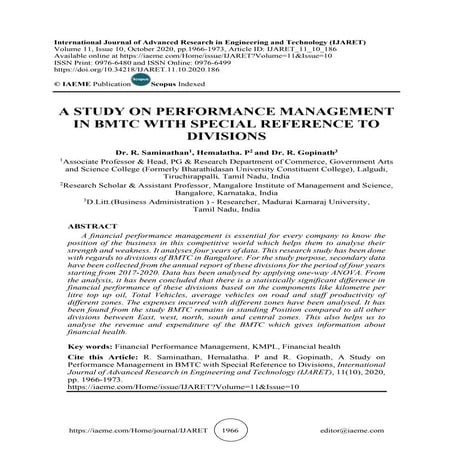 A STUDY ON PERFORMANCE MANAGEMENT IN BMTC WITH SPECIAL REFERENCE TO DIVISIONS | PDF