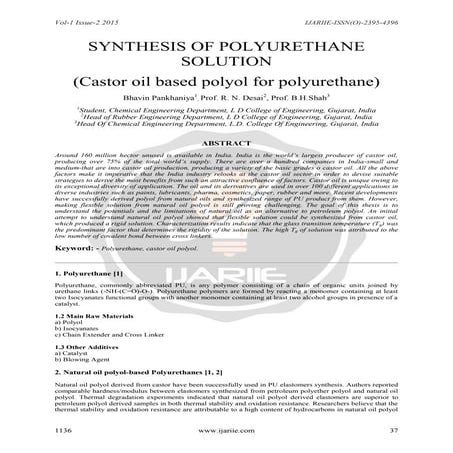 Synthesis of Polyurethane Solution (Castor oil based polyol for ...