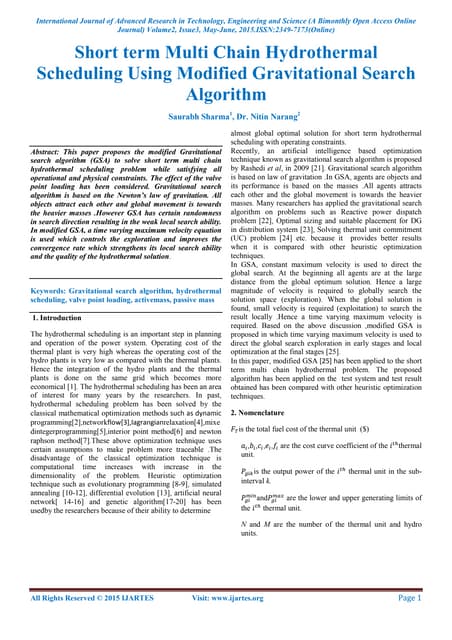 Short Term Multi Chain Hydrothermal Scheduling Using Modified Gravitational Search Algorithm Pdf