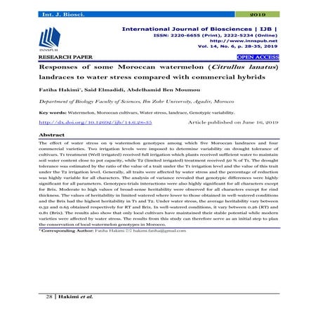 Responses of some Moroccan watermelon (Citrullus lanatus) landraces to ...