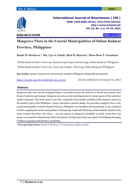 Plant community structure and diversity assessment of selected mangrove ...