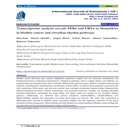 Transcriptome analysis reveals PER2 and CRY2 as biomarkers in bladder cancer and circadian ...