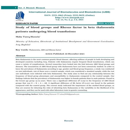 Study of blood groups and Rhesus factor in beta thalassemia patients ...