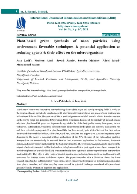 Green synthesis of nanoparticles | PPTX | Chemistry | Science