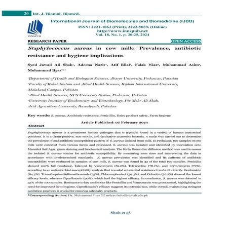 Staphylococcus aureus in cow milk: Prevalence, antibiotic resistance and hygiene implications | PDF
