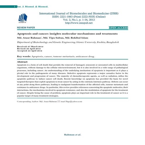 Apoptosis and cancer: insights molecular mechanisms and treatments | PDF