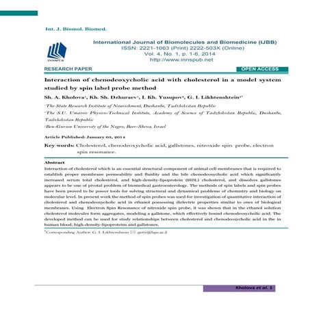 Interaction of chenodeoxycholic acid with cholesterol in a model system studied by spin label ...