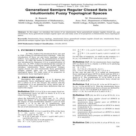 Generalized Semipre Regular Closed Sets in Intuitionistic Fuzzy Topological Spaces | PDF