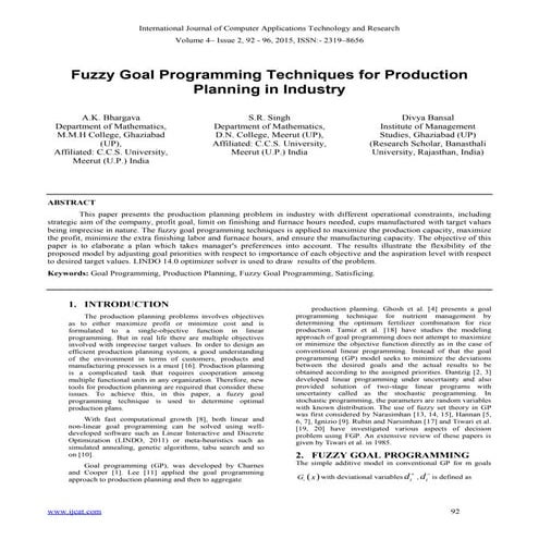 Fuzzy Goal Programming Techniques for Production Planning in Industry | PDF