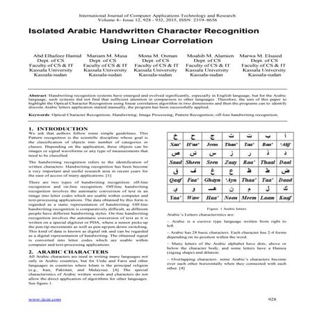 Isolated Arabic Handwritten Character Recognition Using Linear