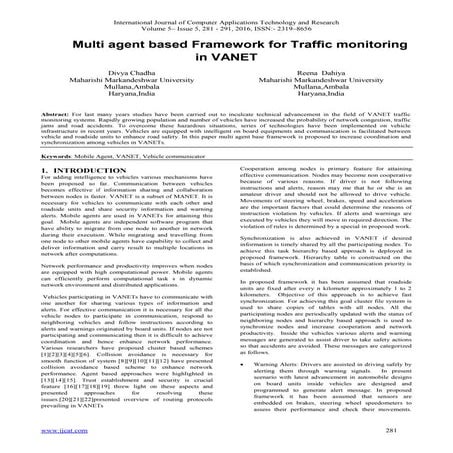 Multi Agent Based Framework For Traffic Monitoring In Vanet Pdf