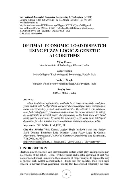 Optimal Economic Load Dispatch Using Fuzzy Logic And Genetic Algorithms Pdf