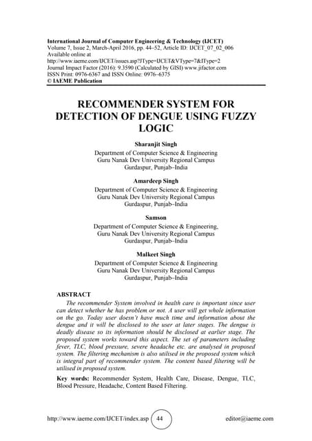 Recommender System For Detection Of Dengue Using Fuzzy Logic Pdf