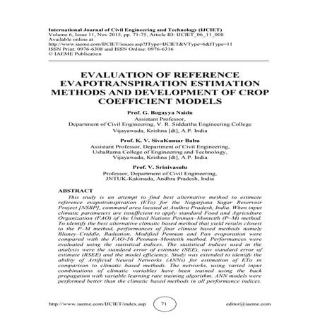 Evaluation Of Reference Evapotranspiration Estimation Methods And Development Of Crop