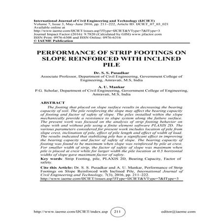 PERFORMANCE OF STRIP FOOTINGS ON SLOPE REINFORCED WITH INCLINED PILE | PDF