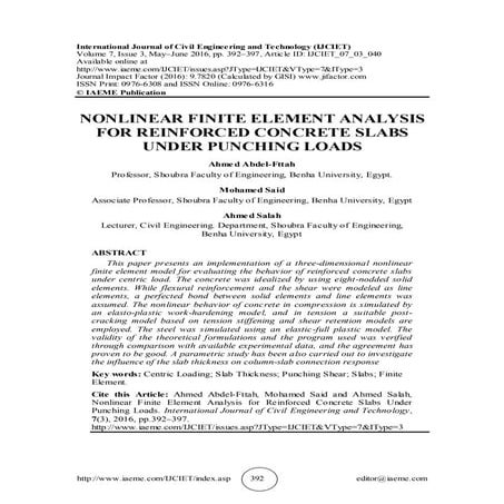 Nonlinear Finite Element Analysis For Reinforced Concrete Slabs Under Punching Loads Pdf
