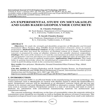 AN EXPERIMENTAL STUDY ON METAKAOLIN AND GGBS BASED GEOPOLYMER CONCRETE | PDF