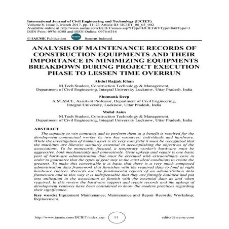 ANALYSIS OF MAINTENANCE RECORDS OF CONSTRUCTION EQUIPMENTS AND THEIR ...