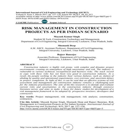 RISK MANAGEMENT IN CONSTRUCTION PROJECTS AS PER INDIAN SCENARIO | PDF