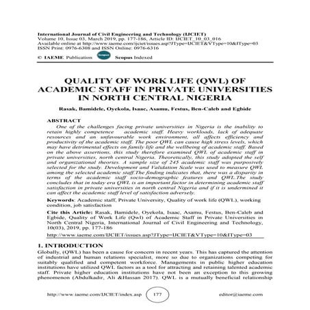 QUALITY OF WORK LIFE (QWL) OF ACADEMIC STAFF IN PRIVATE UNIVERSITIES IN ...