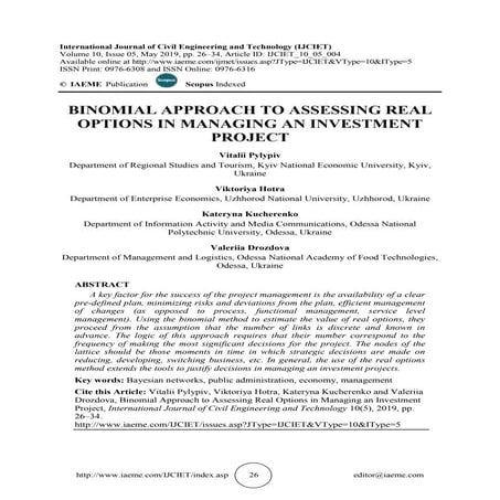 BINOMIAL APPROACH TO ASSESSING REAL OPTIONS IN MANAGING AN INVESTMENT PROJECT | PDF