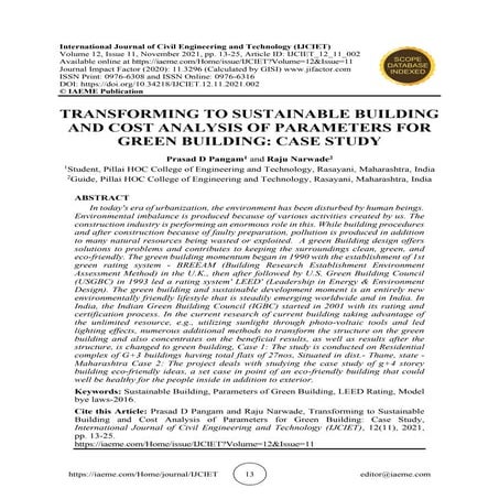 TRANSFORMING TO SUSTAINABLE BUILDING AND COST ANALYSIS OF PARAMETERS ...
