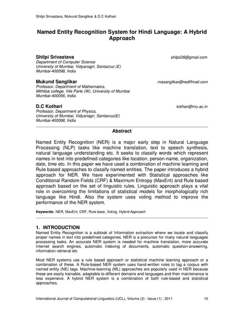 Named Entity Recognition For Telugu Using Conditional Random Field Pdf 8502