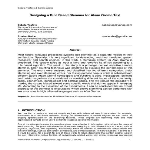 Designing a Rule Based Stemmer for Afaan Oromo Text | PDF