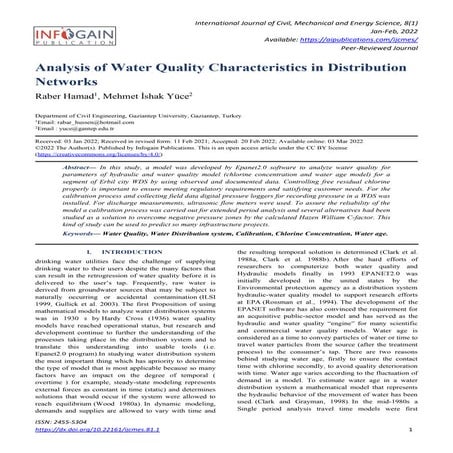 Analysis of Water Quality Characteristics in Distribution Networks | PDF
