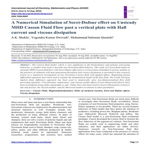 A Numerical Simulation of Soret-Dufour effect on Unsteady MHD Casson ...