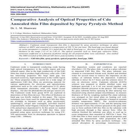 Comparative Analysis of Optical Properties of Cdo Annealed thin Film deposited by Spray ...