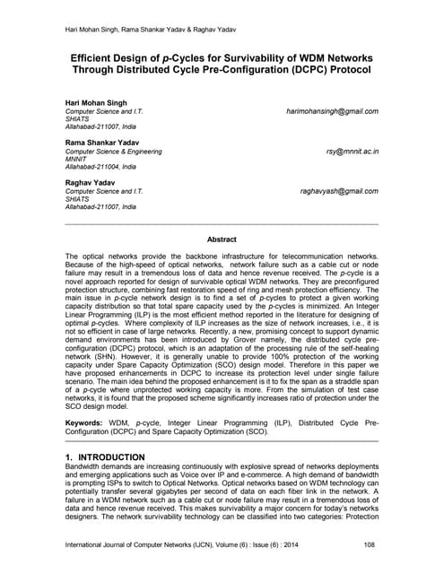 Efficient Design Of P Cycles For Survivability Of Wdm Networks Through Distributed Cycle Pre