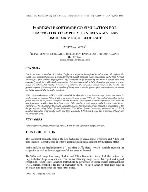Hardware Software Co Simulation For Traffic Load Computation Using Matlab Simulink Model