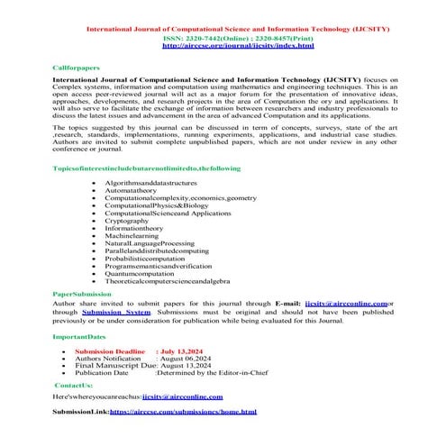 Call For Papers -International Journal of Computational Science and Information Technology ...